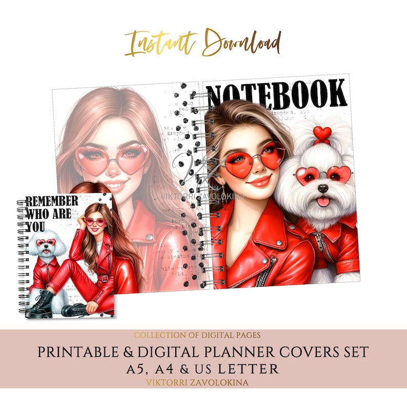 Red Fashion Girl Printable Planner Covers, Digital Notebook Cover ...