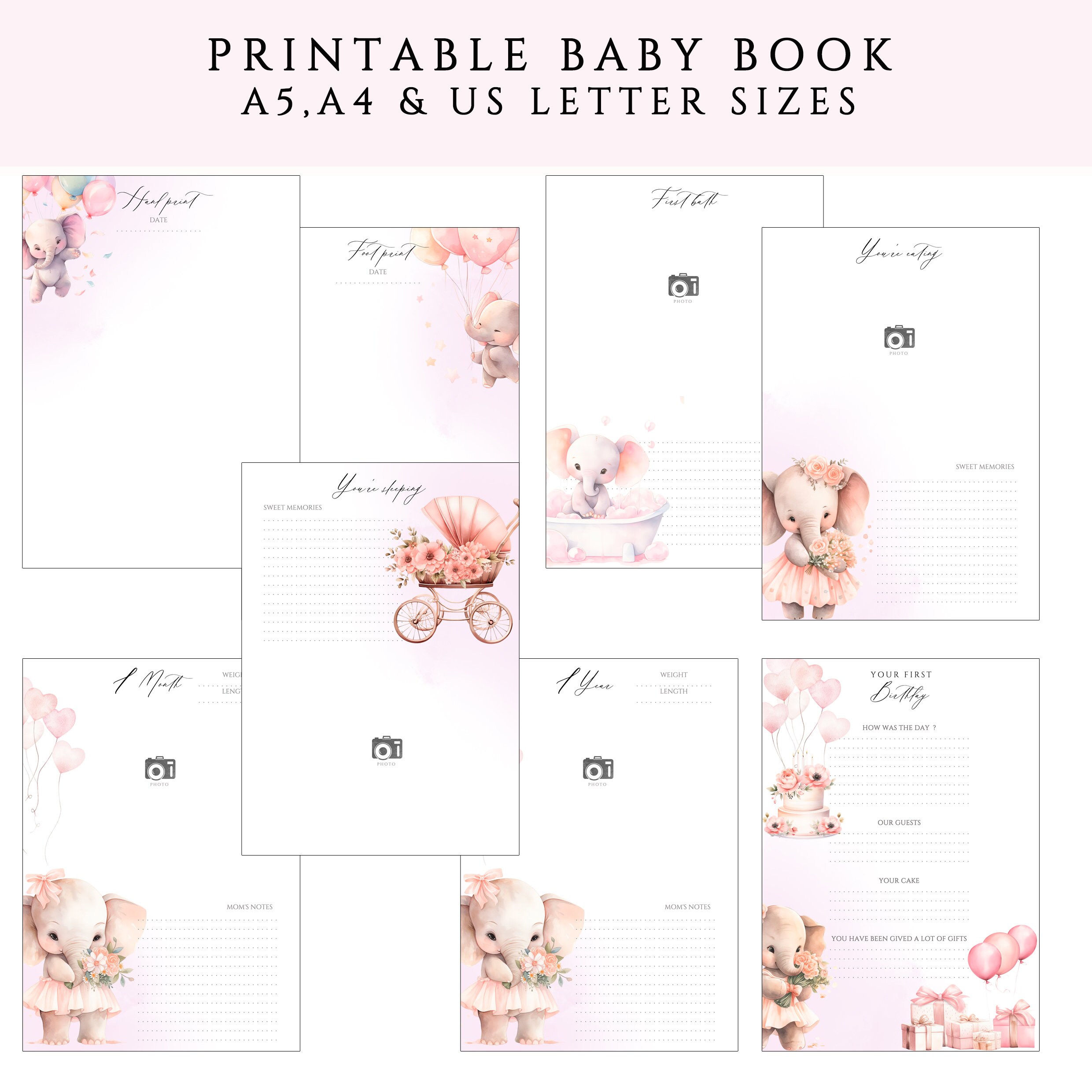 1st Printable Baby Book Pages, Pink Elephant Baby Memory Book, First ...