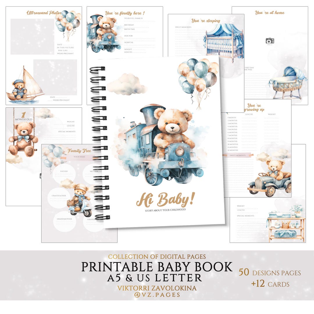 1st Printable Baby Book Pages,baby Bear Memory Book, First Year Baby ...