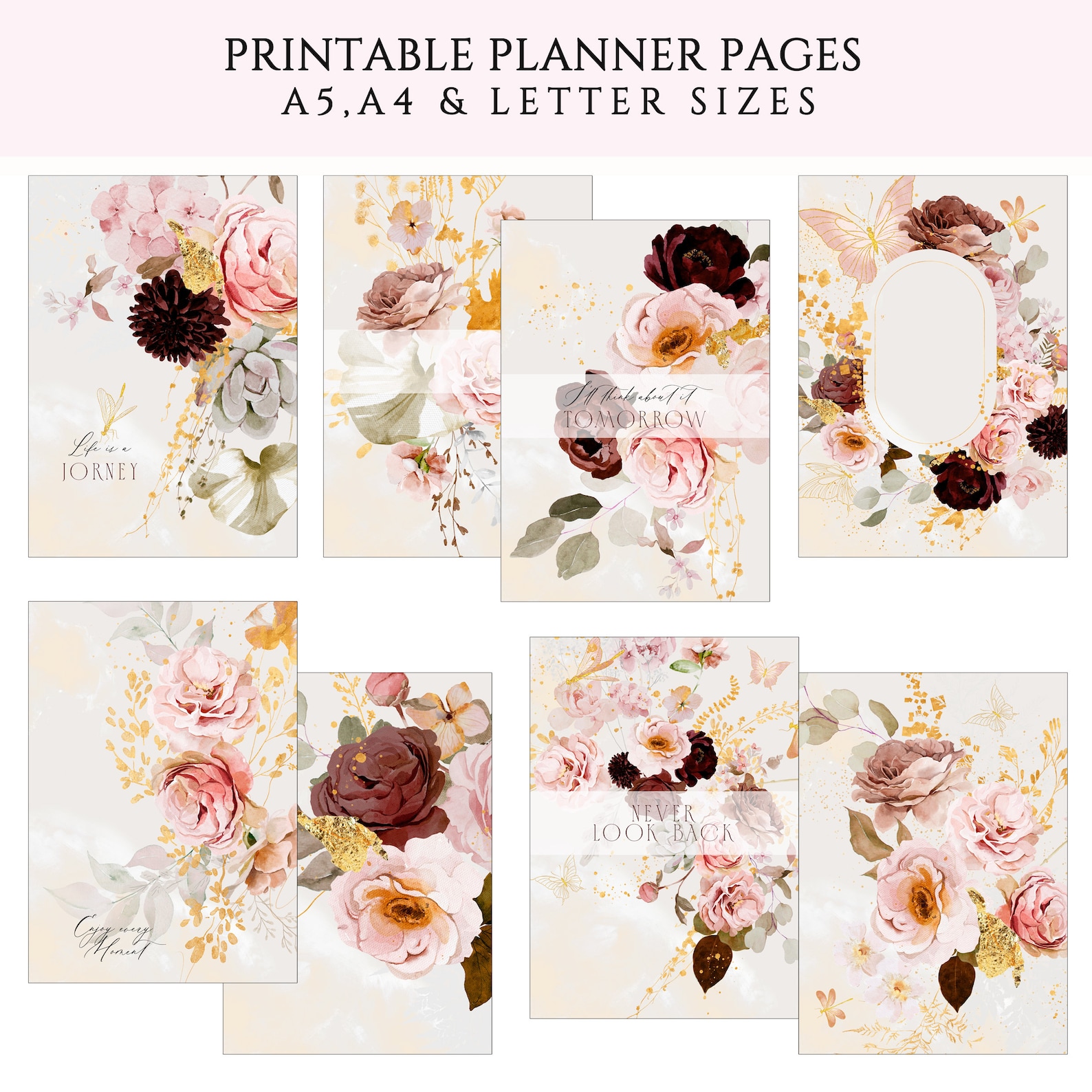 Flowers Printable Planner Pages, Floral Notebook Cover With Undated ...