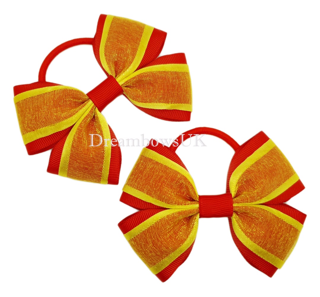 2x Red and Golden Yellow Organza Hair Bows on Thick Bobbles - Etsy