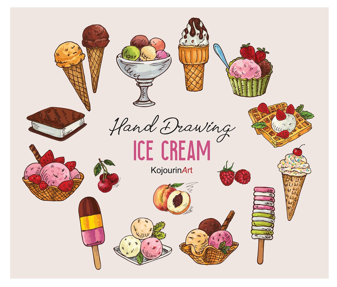 Ice Cream Clip Art, Ice Cream Art, Summer Clip Art, Digital, Hand ...