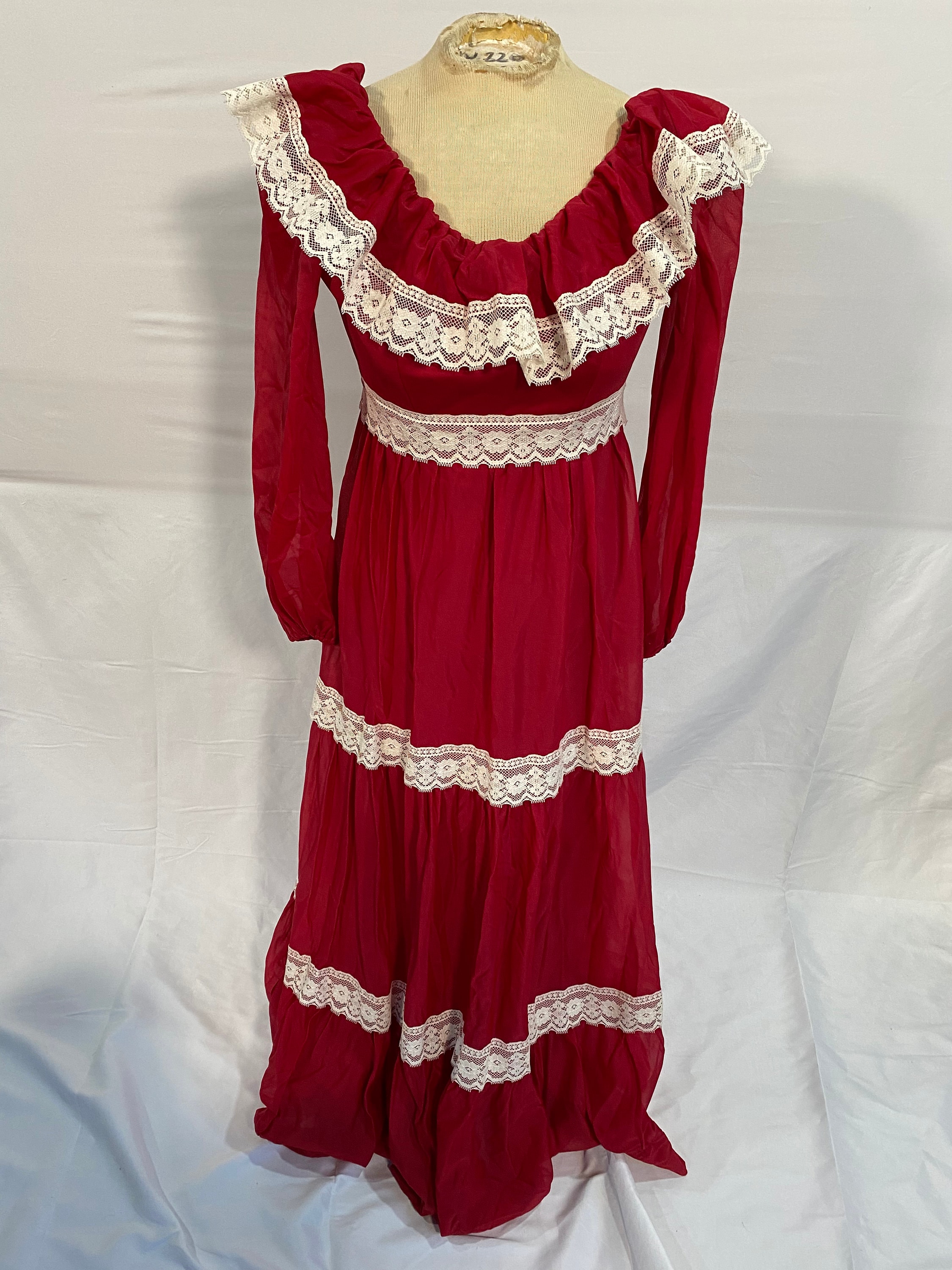 1970’s Red & White Lace Tiered Maxi - Etsy