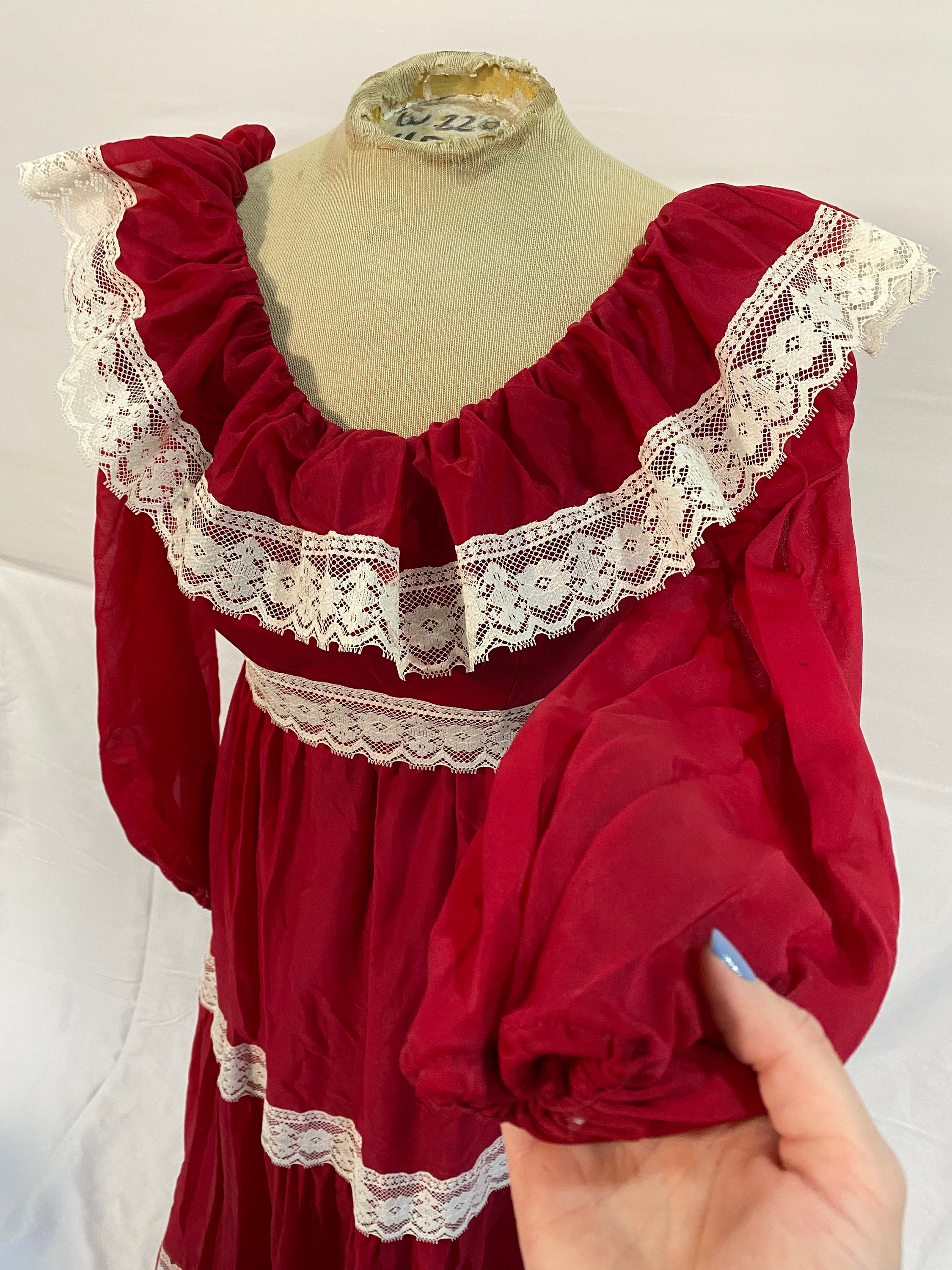 1970’s Red & White Lace Tiered Maxi - Etsy