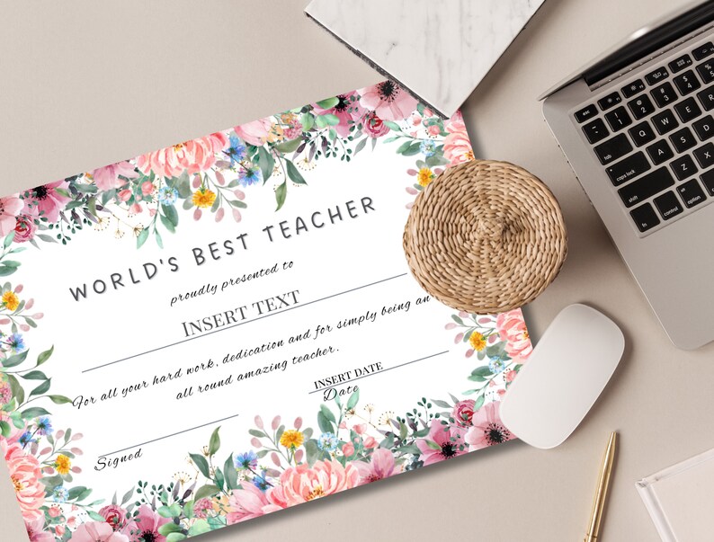 Floral Best Teacher Certificate Template Editable Teacher Appreciation ...