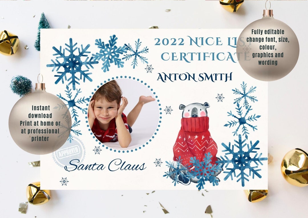 EDITABLE Nice List Certificate With Photo, Official Nice List Template ...