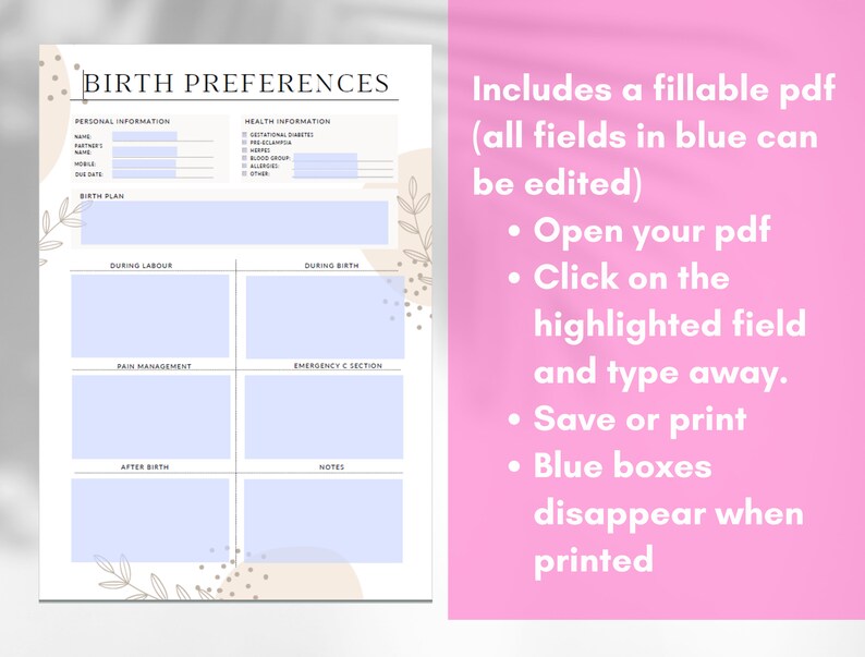 Birth Plan Template Birthing Preferences Printable Birthing Plan Labour ...