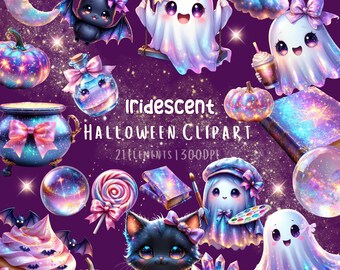 Iridescent Ghost PNG Halloween Clipart Bundle, Ghosts, Pumpkins, Cats ...