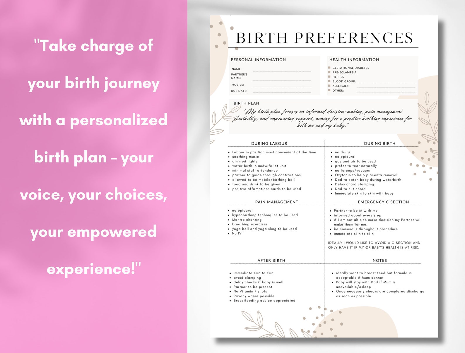 Birth Plan Template Birthing Preferences Printable Birthing Plan Labour ...