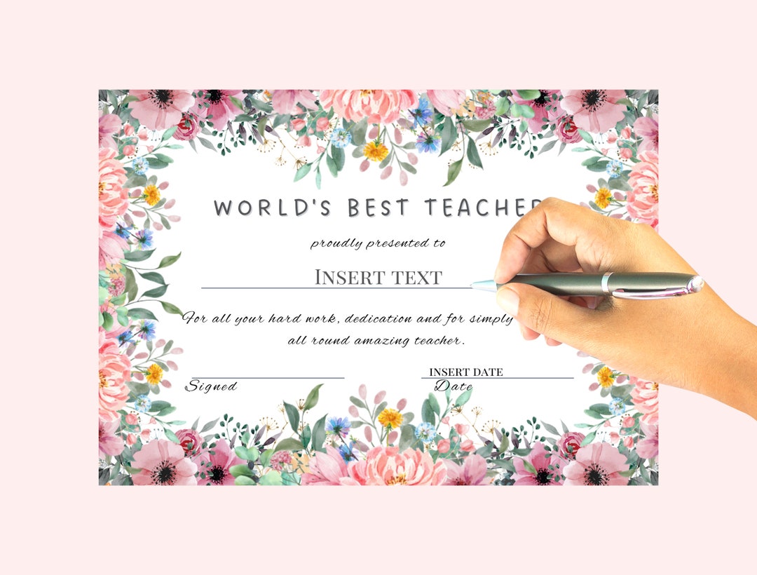 Floral Best Teacher Certificate Template Editable Teacher Appreciation ...
