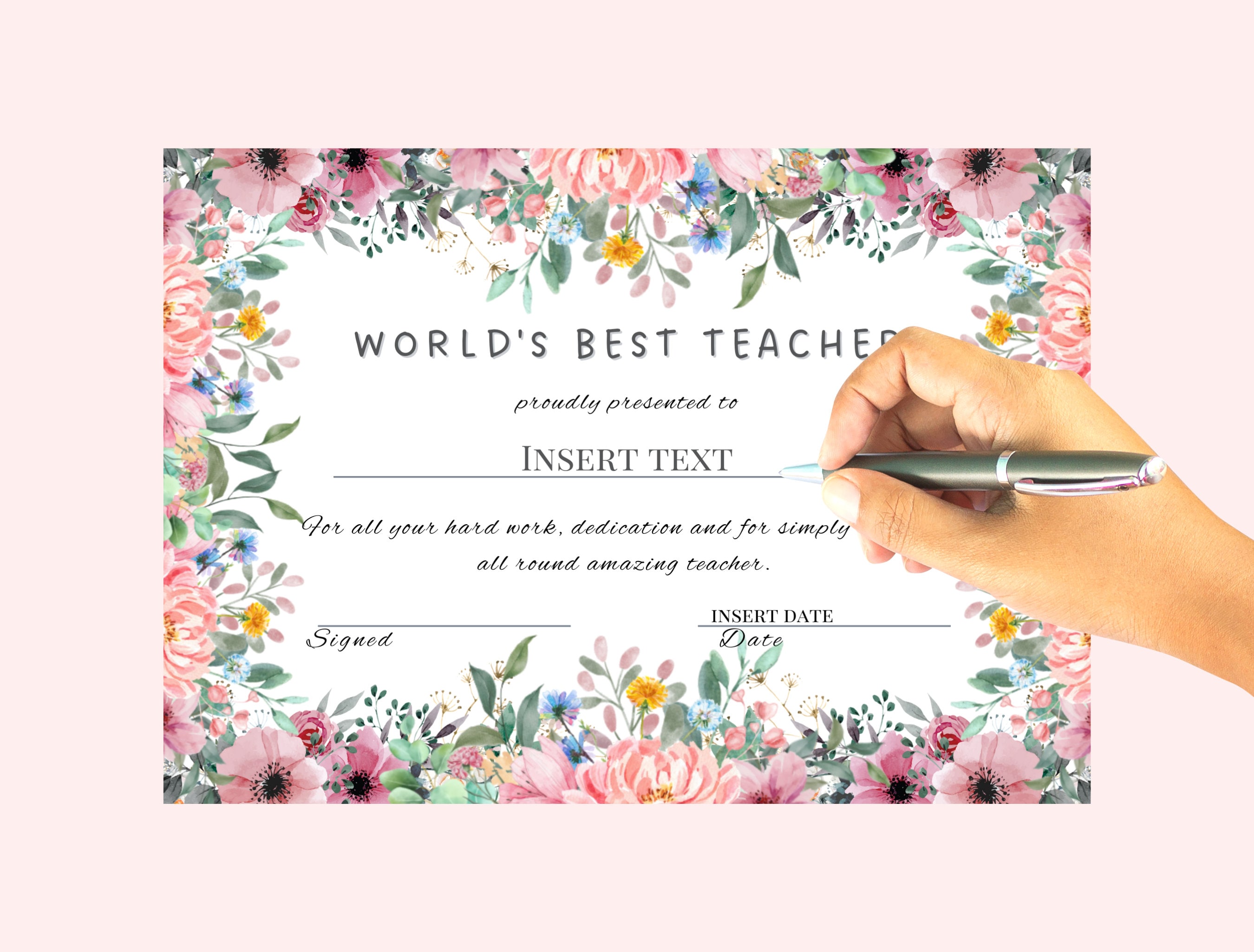 Floral Best Teacher Certificate Template Editable Teacher Appreciation ...