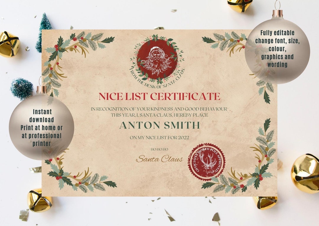 EDITABLE Nice List Certificate, Official Nice List Template, Printable ...