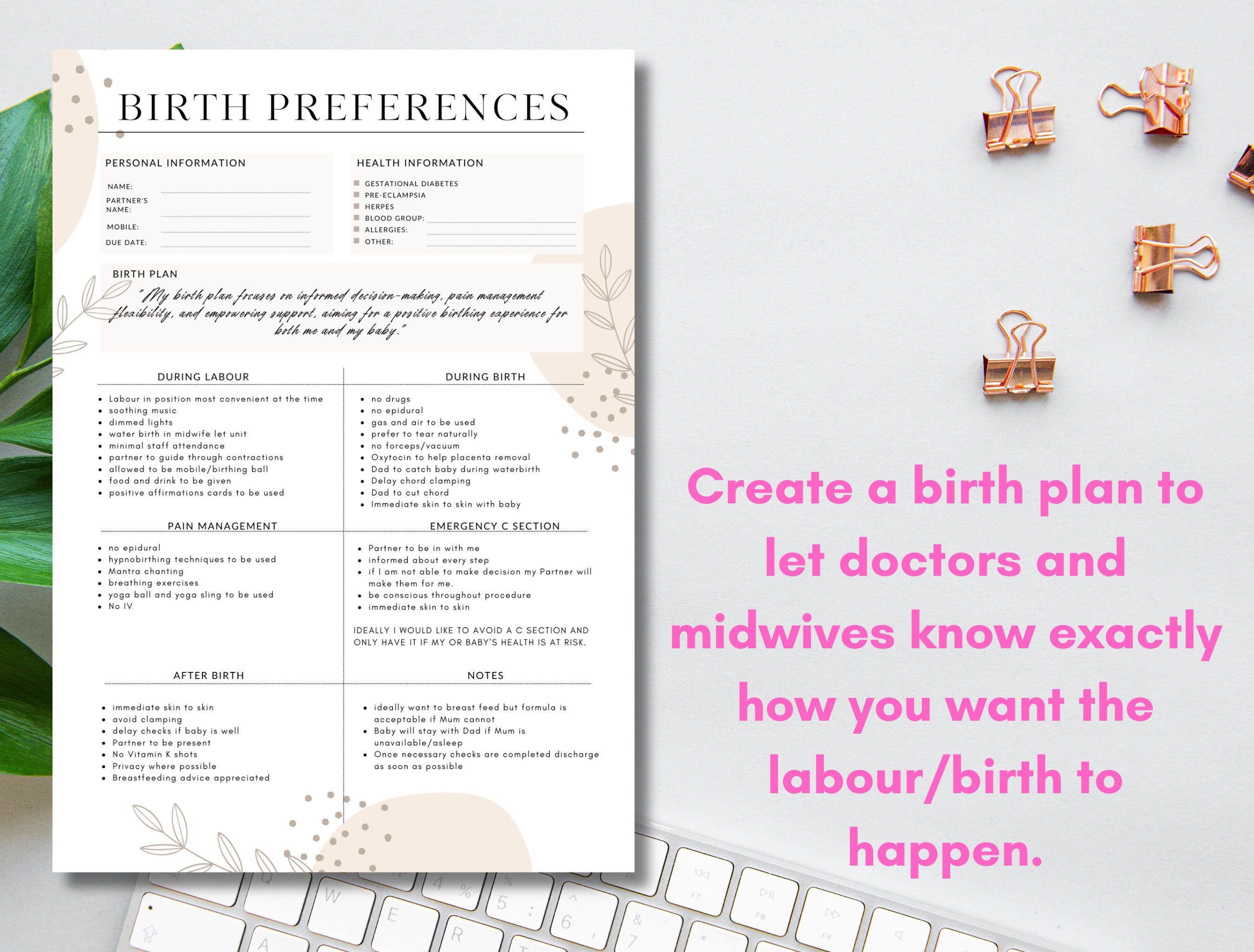 Birth Plan Template Birthing Preferences Printable Birthing Plan Labour ...