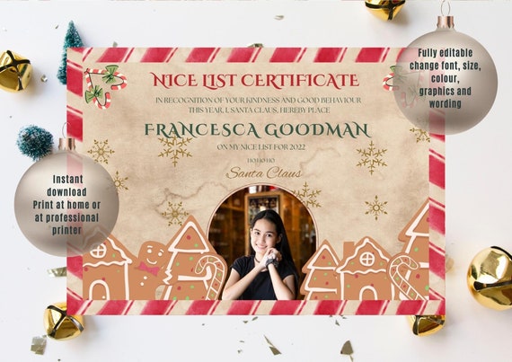 EDITABLE Nice List Certificate With Photo Official Nice List - Etsy