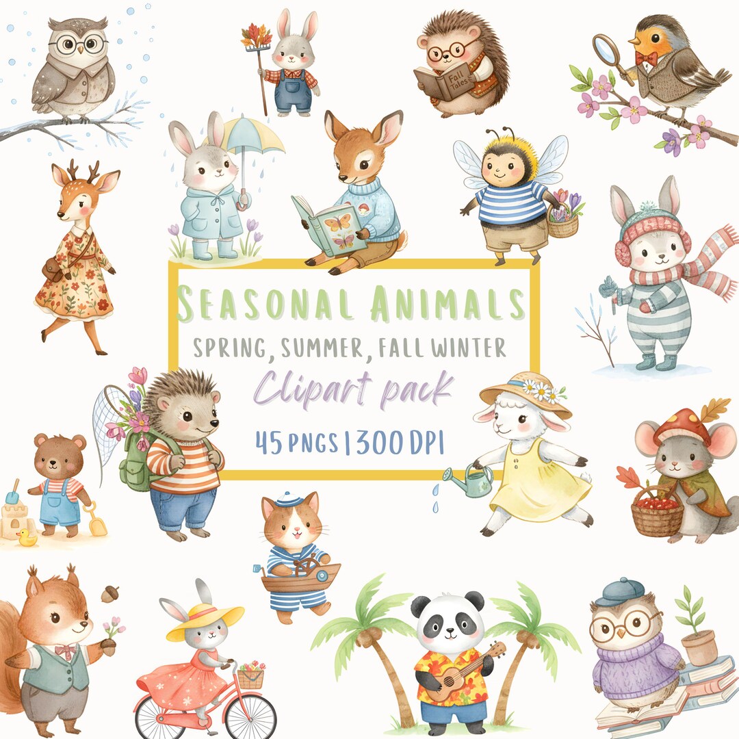 Four Seasons Cute Watercolor Animals Clipart Bundle, Spring Summer ...