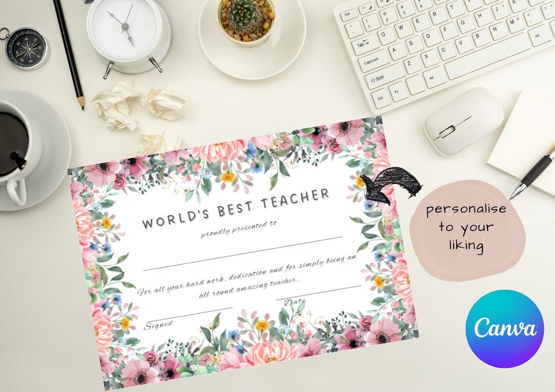 Floral Best Teacher Certificate Template Editable Teacher Appreciation ...