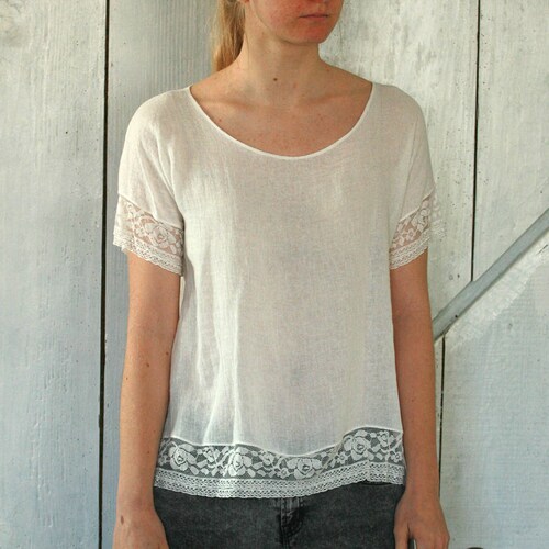 White Linen Top With Lace Trim - Etsy