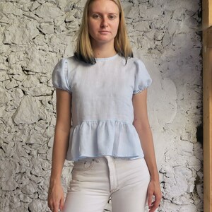Light Blue Linen Top With Puff Sleeves, Romantic Women's Clothing - Etsy
