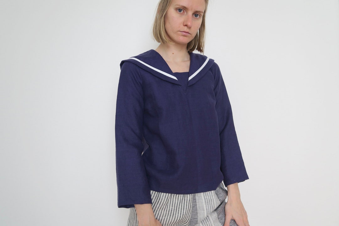 Blue Sailor Collar Linen Top, Ready to Ship Size S - Etsy