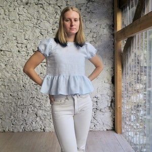 Light Blue Linen Top With Puff Sleeves, Romantic Women's Clothing - Etsy
