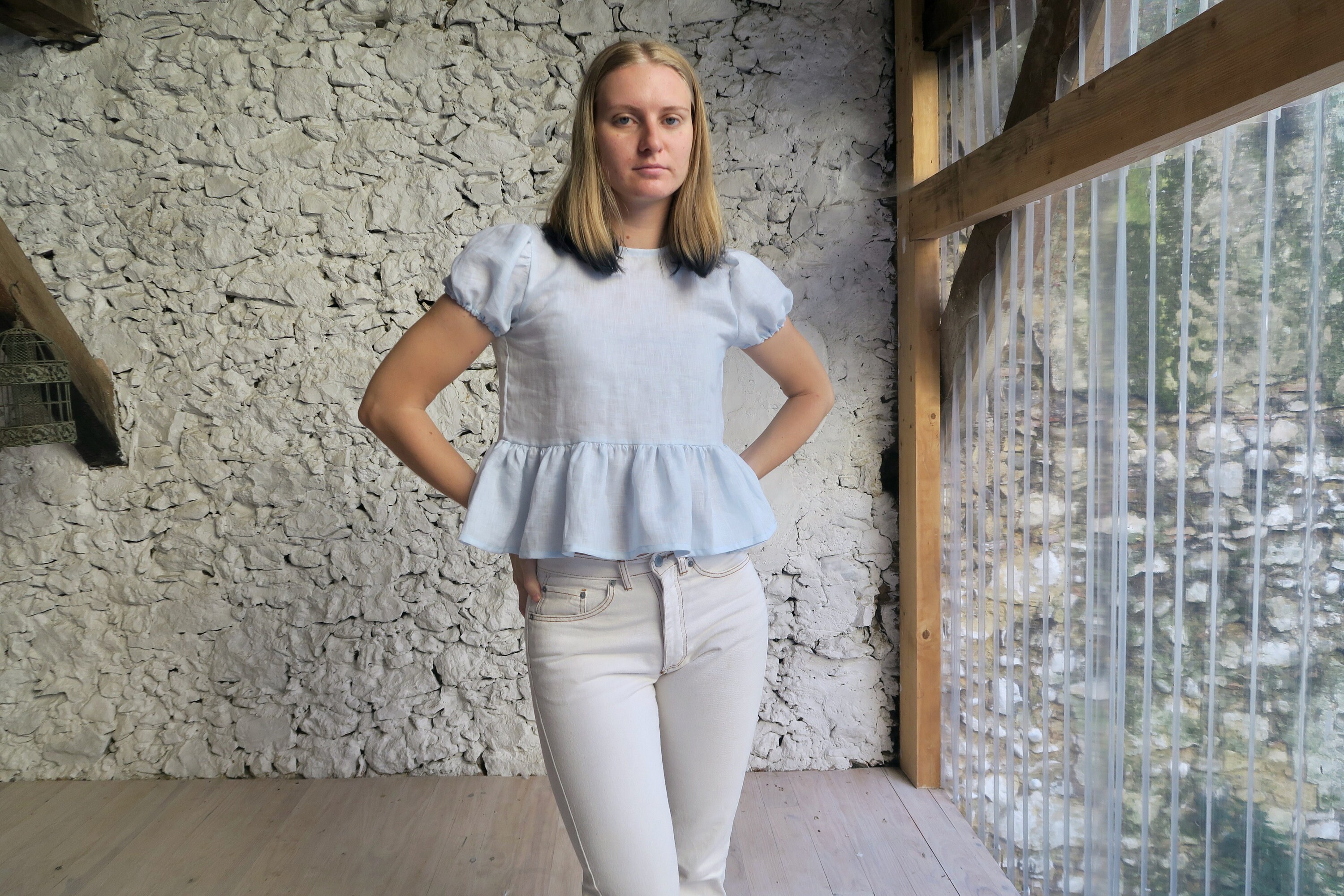 Light Blue Linen Top With Puff Sleeves Romantic Women's | Etsy