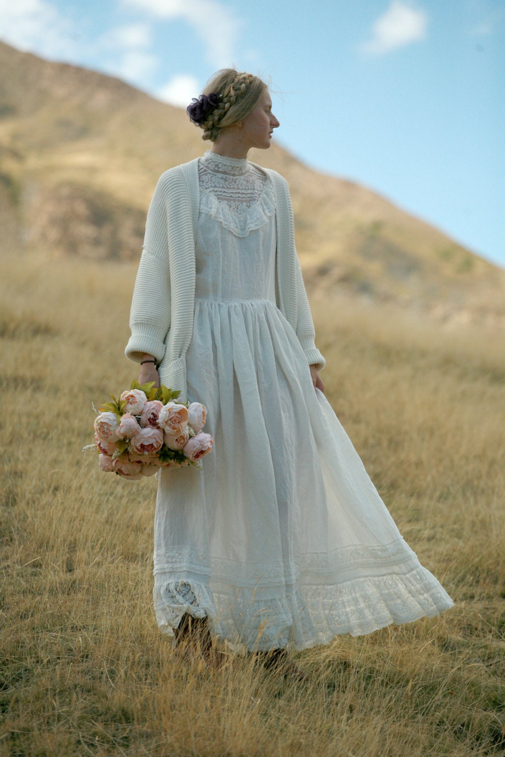 Linen Maxi Dress Victorian Inspired Neckline Rustic Country - Etsy