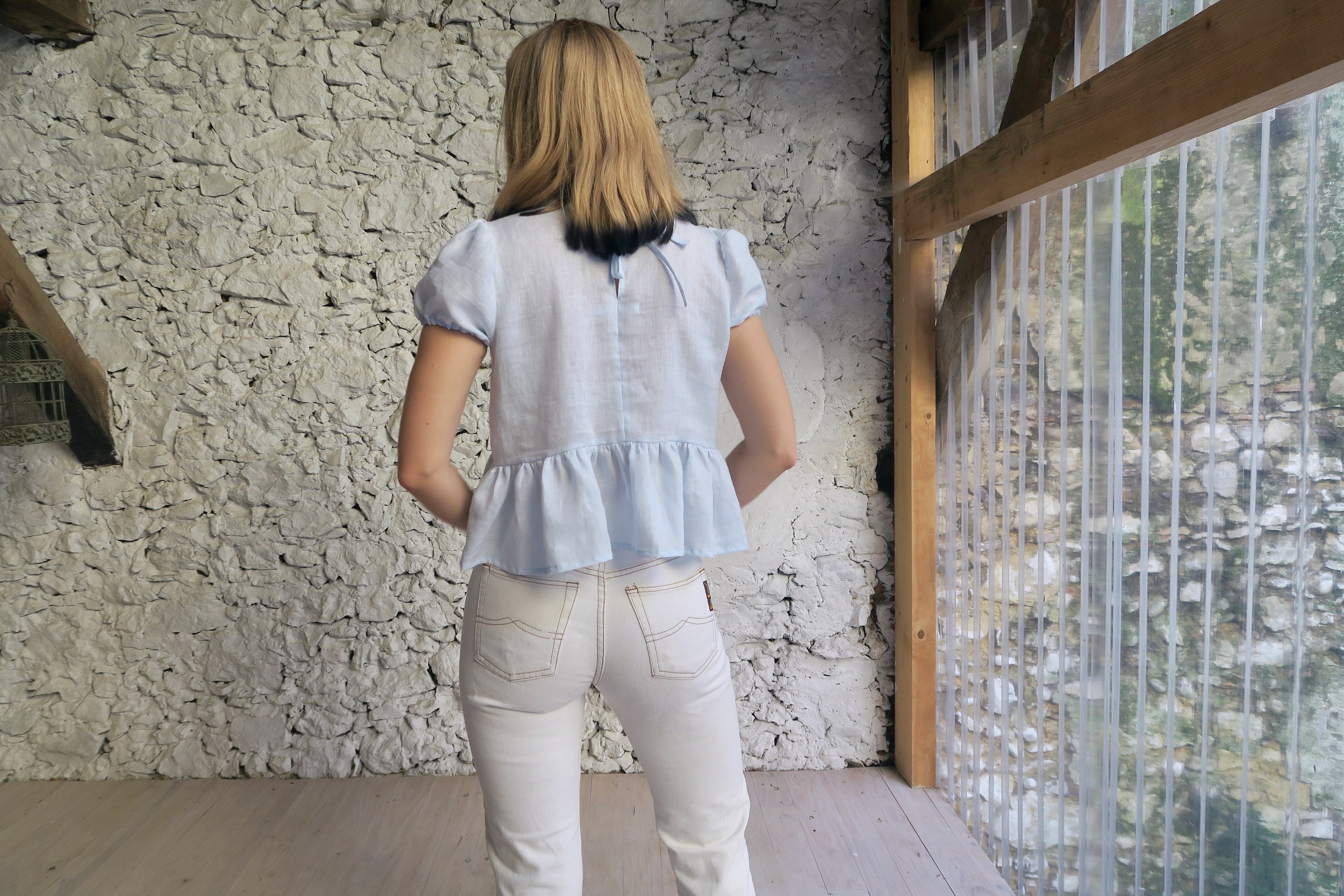 Light Blue Linen Top With Puff Sleeves Romantic Women's | Etsy