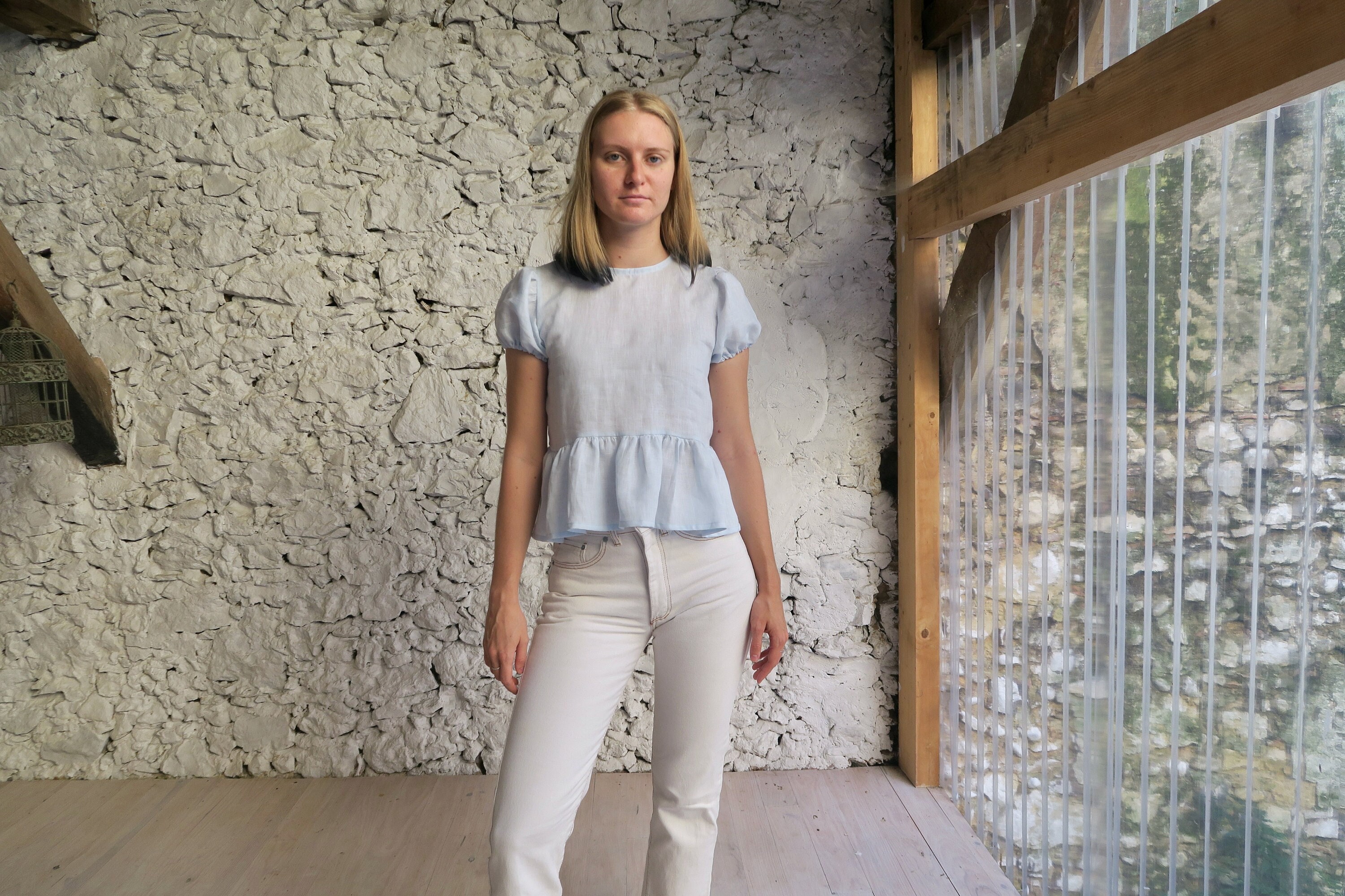 Light Blue Linen Top With Puff Sleeves Romantic Women's | Etsy