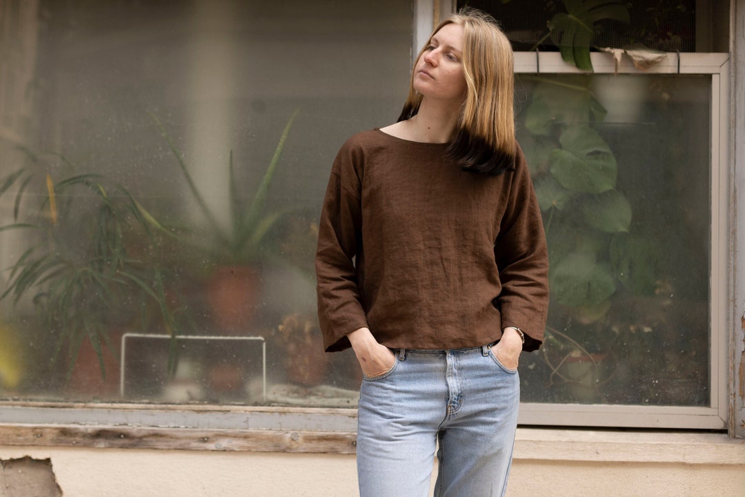 Straight Linen Top With 3/4 Sleeves, Cropped Cut, Boat Neck, Box Cut ...