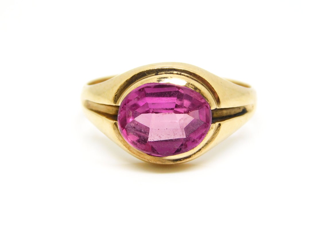 10K Yellow Gold Ring With Oval Synthetic Pink Ruby Size 10 X8729 - Etsy