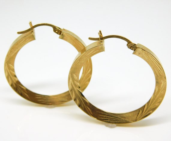 14K Yellow Gold Wide Edged Hoop Earrings With Engrave… - Gem
