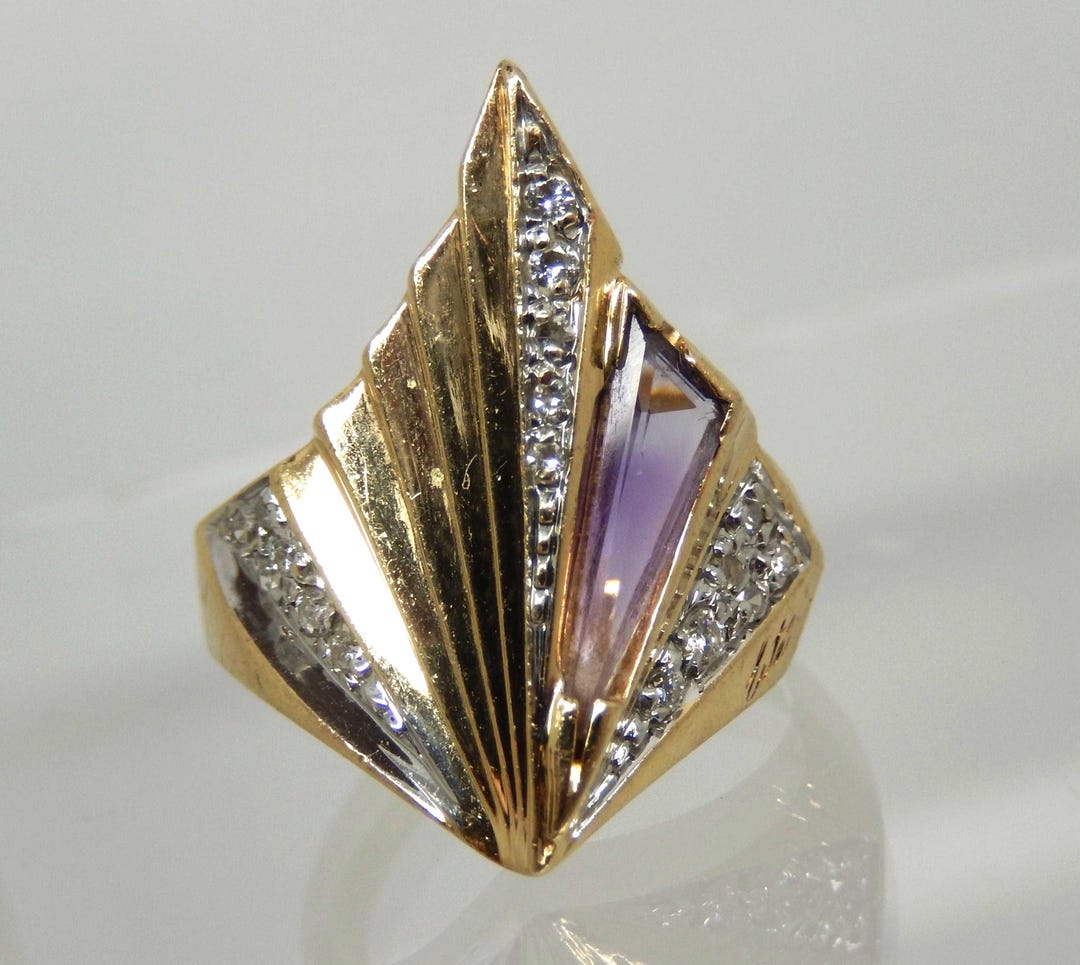 Vintage 14K Yellow Gold Erté Amethyst Diamond Brillante Ring With COA ...
