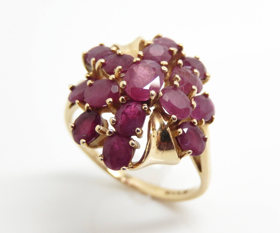 Vintage 14K Yellow Gold Natural Ruby Cluster Statement Ring Size 7.5 ...