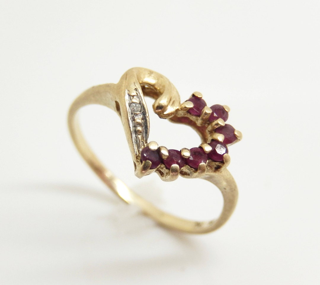 Vintage 10K Yellow Gold Ruby Diamond Heart Ring, Size 6 X8821 - Etsy