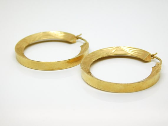 14K Yellow Gold Wide Edged Hoop Earrings With Engrave… - Gem