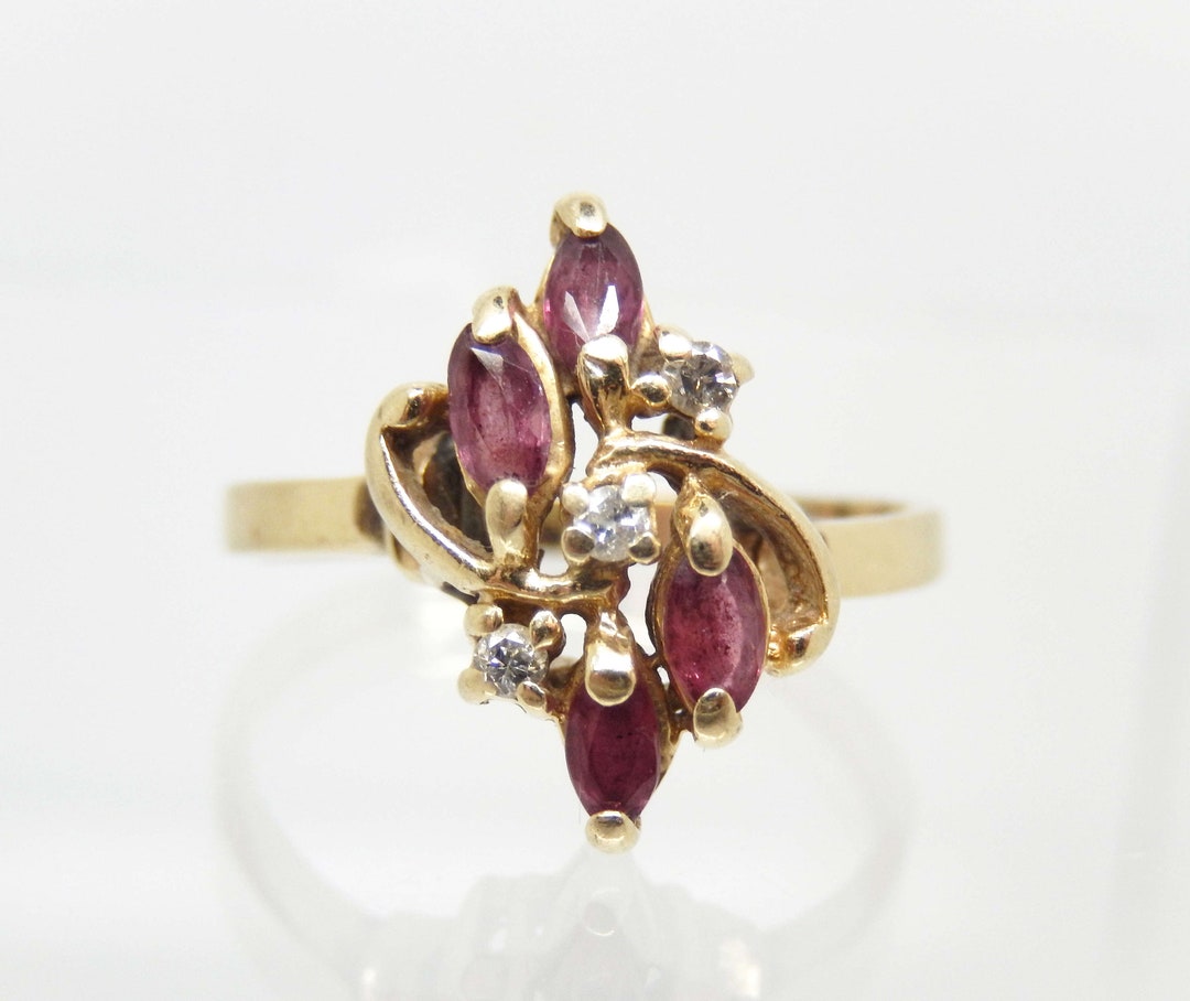 Vintage 14K Yellow Gold Diamond Marquise Ruby Floral Rig, Size 6 1/2 ...