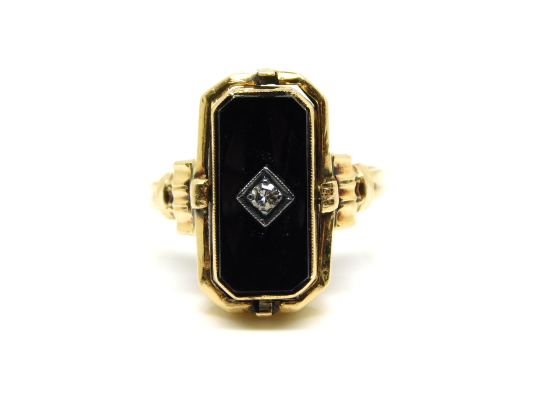 Antique 10K Yellow Gold Flip Ring With Black Onyx, Cameo, and Diamonds ...