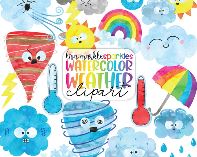 Weather Watercolor Clipart Set, Cloud Sun Rainbow Illustration, Tornado ...