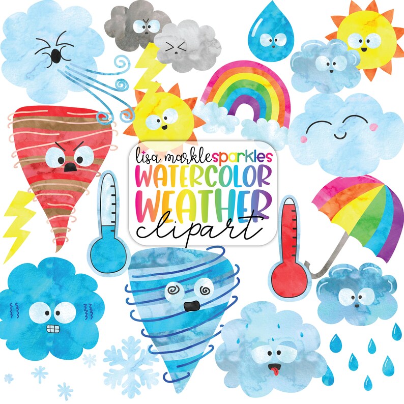 Watercolor Weather Clipart Cloud Rainbow Umbrella Snow Snowflake Rain ...