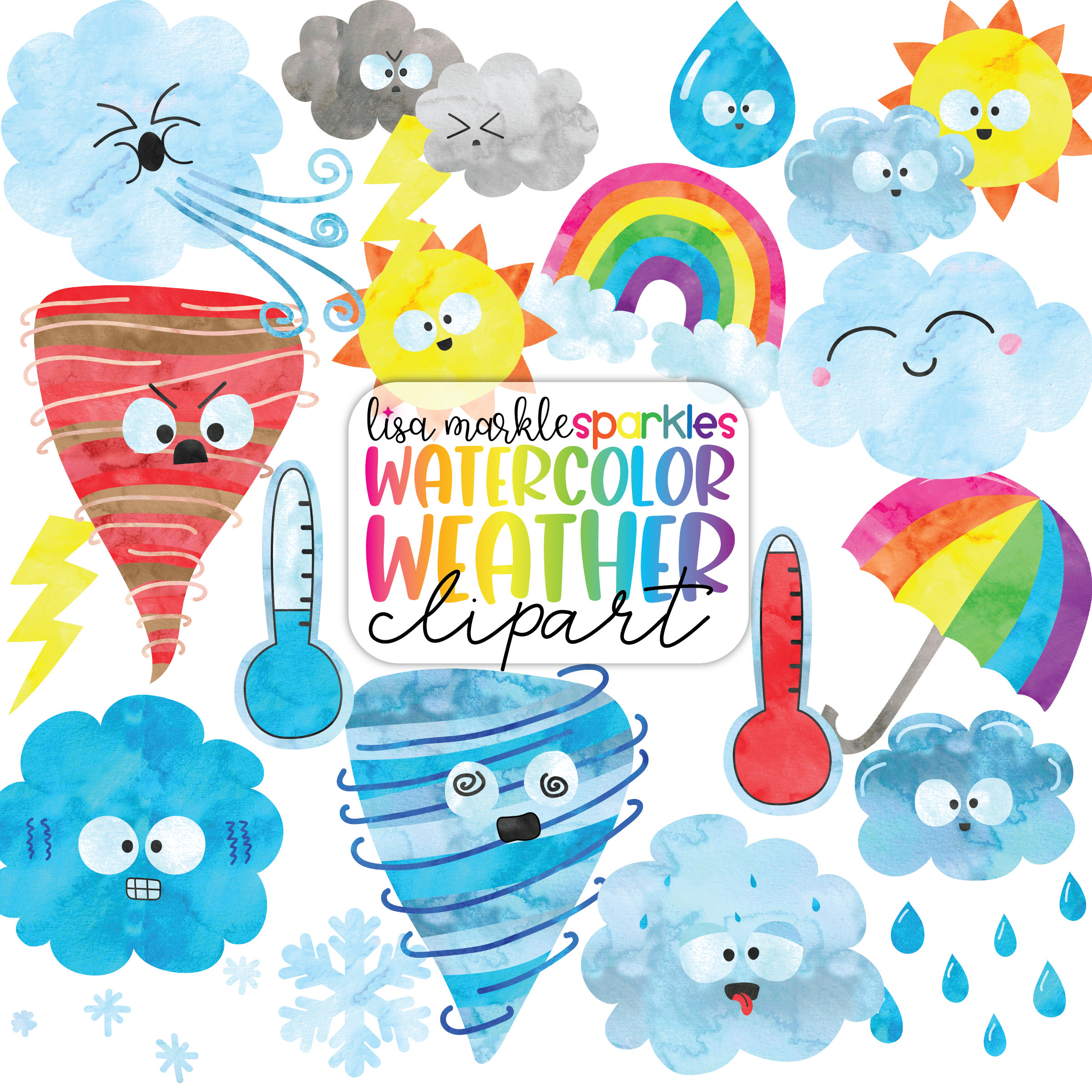 Watercolor Weather Clipart Cloud Rainbow Umbrella Snow - Etsy