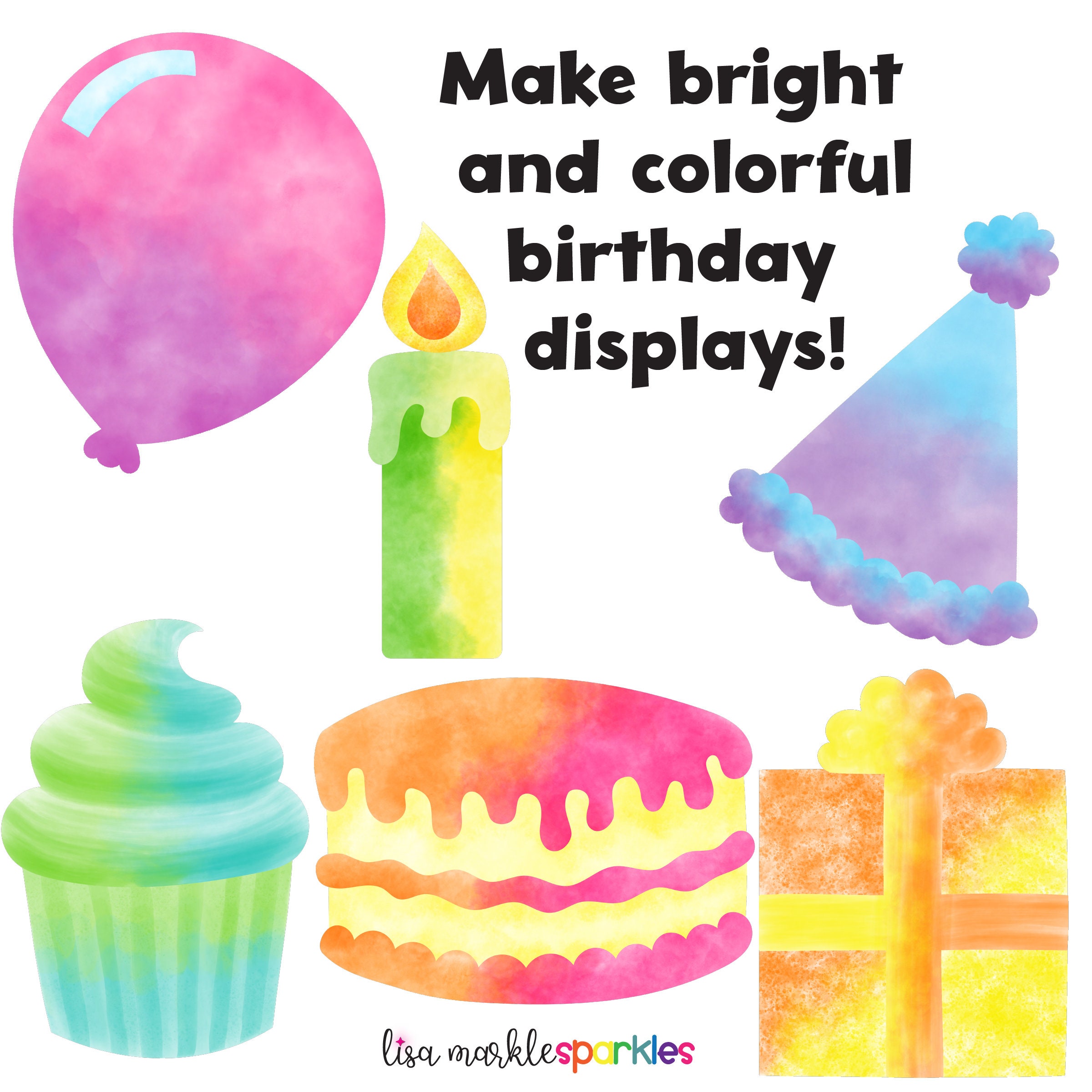 Watercolor Rainbow Birthday Clipart BUNDLE Balloon Cake Candles ...