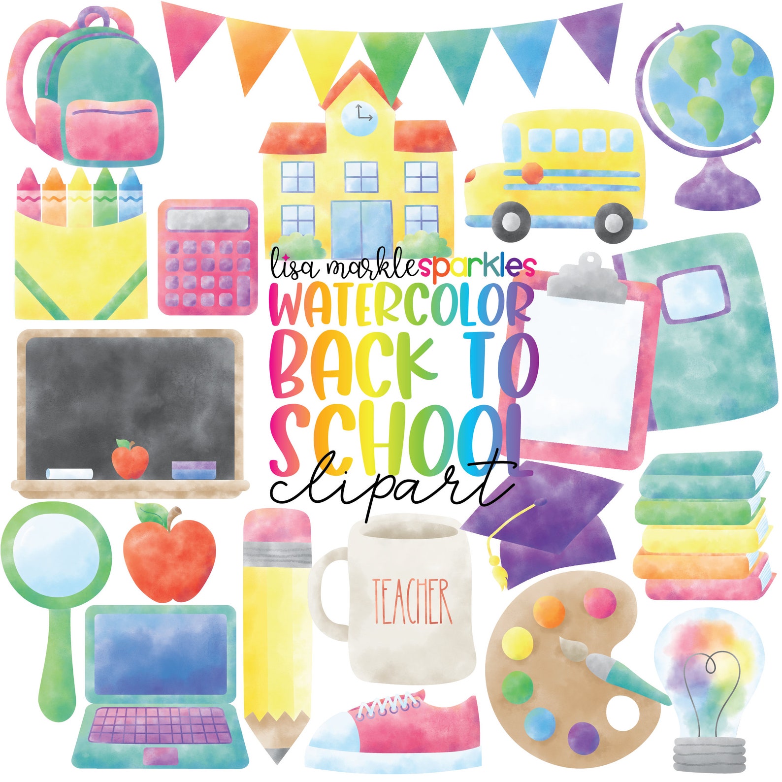 Watercolor First Day of Back to School Clipart Teacher Supplies Library ...