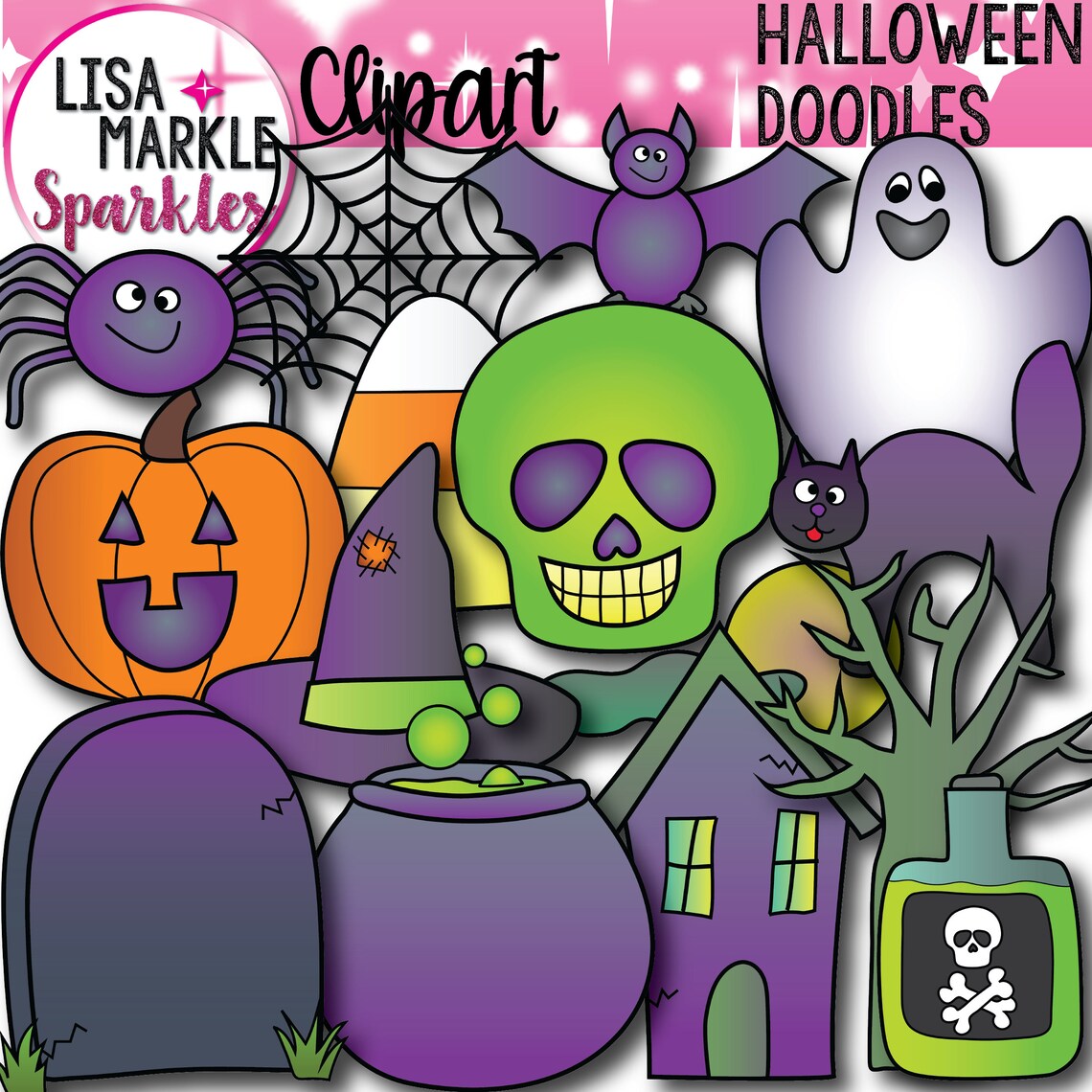 Halloween Clipart Ghost Pumpkin Spider Web Grave Witch Bat Skull Black ...