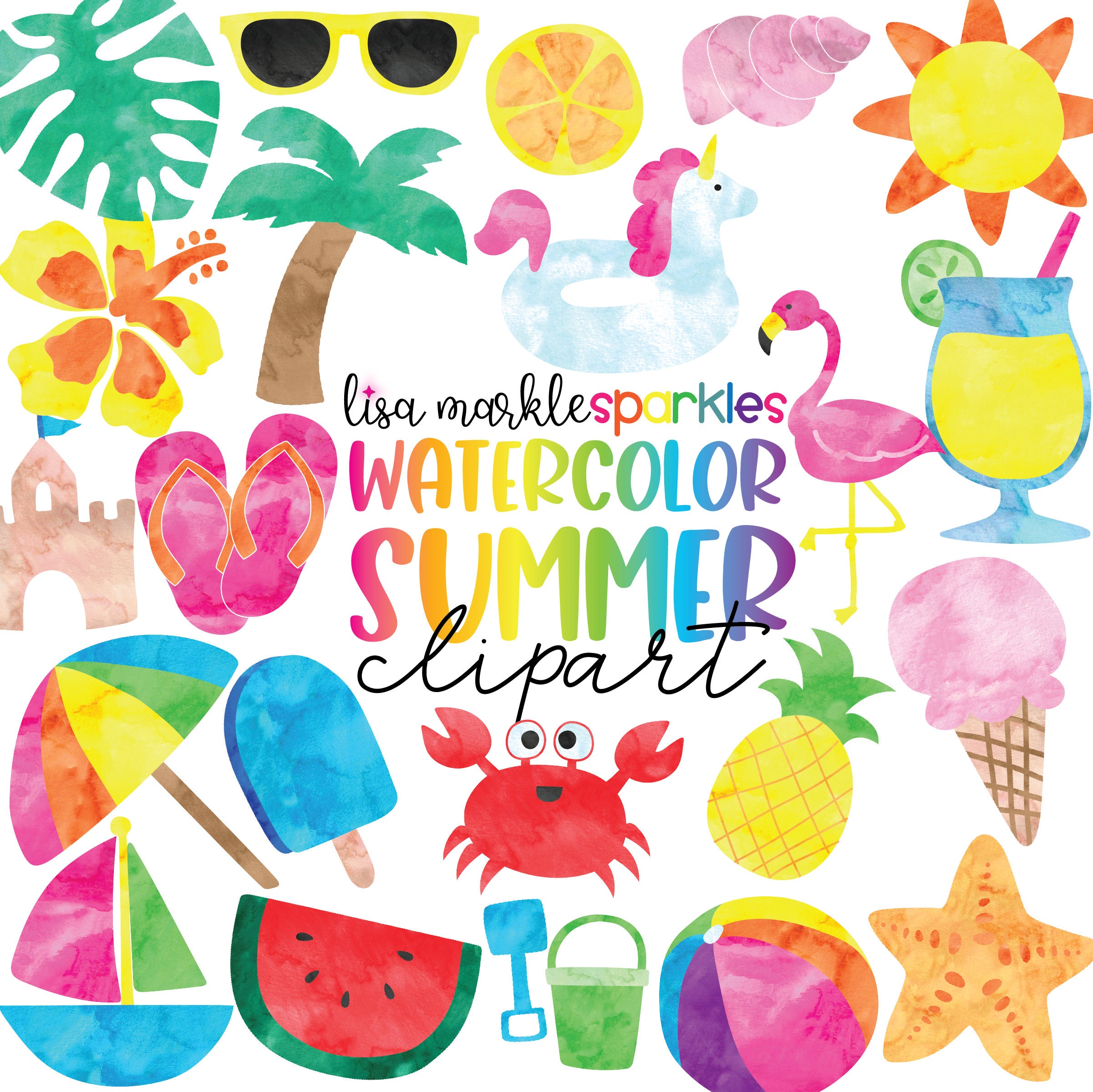 Watercolor Summer Clipart PNG Image Tropical Beach Vacation Flamingo ...