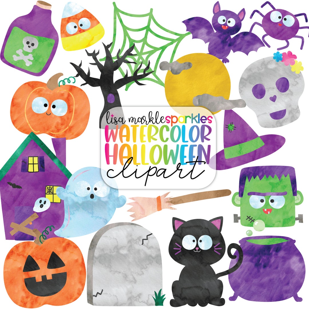Watercolor Halloween Clipart PNG Images Witch Black Cat Ghost Pumpkin ...