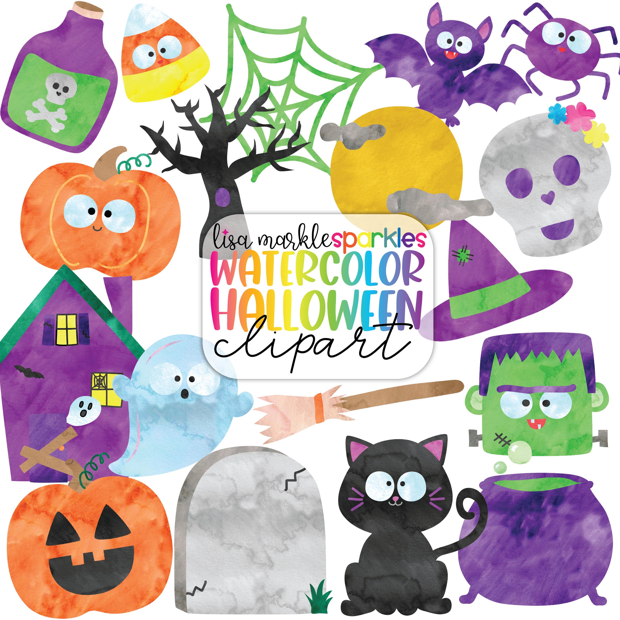 Watercolor Halloween Clipart PNG Images Witch Black Cat Ghost - Etsy