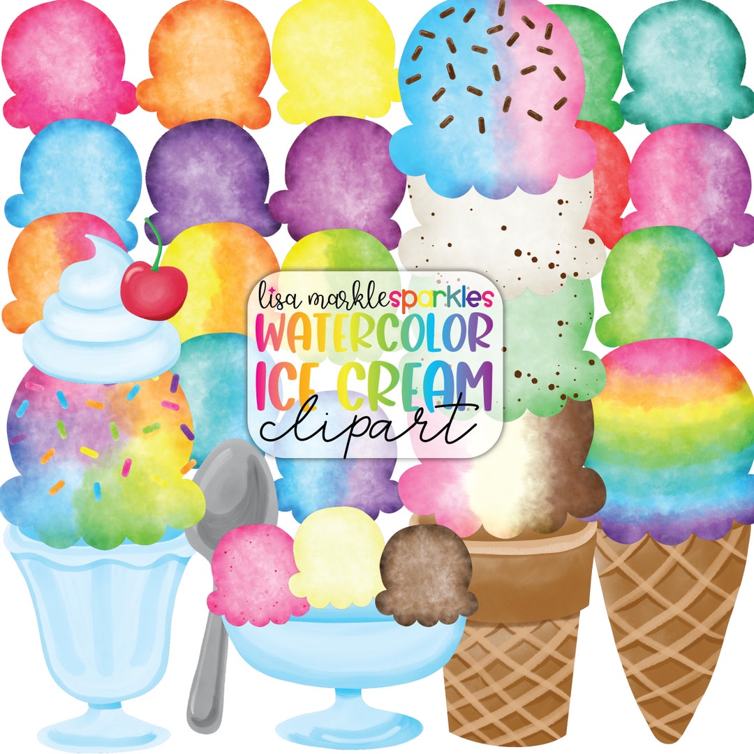 Watercolor Ice Cream Clipart Ice Cream Sundae Scoops Cone Sprinkles ...