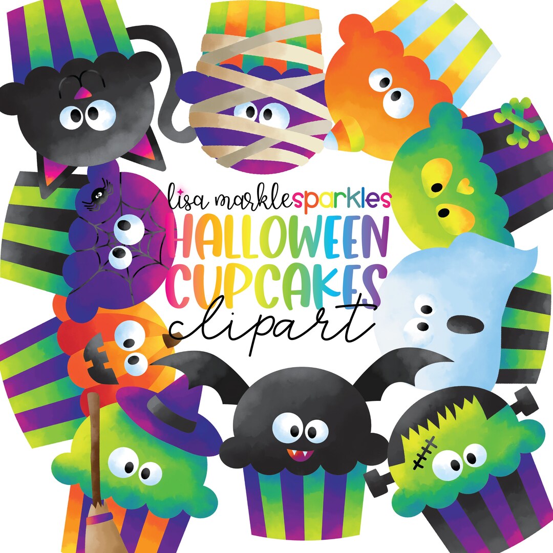 Watercolor Halloween Cupcake Clipart Pumpkin Fall Monster Skull Autumn ...
