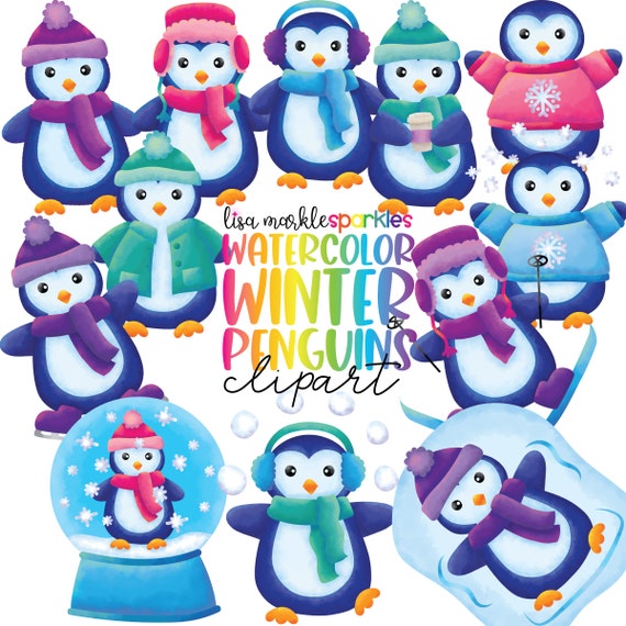 Watercolor Winter Penguin Clipart Cute Animal Clipart Instant | Etsy
