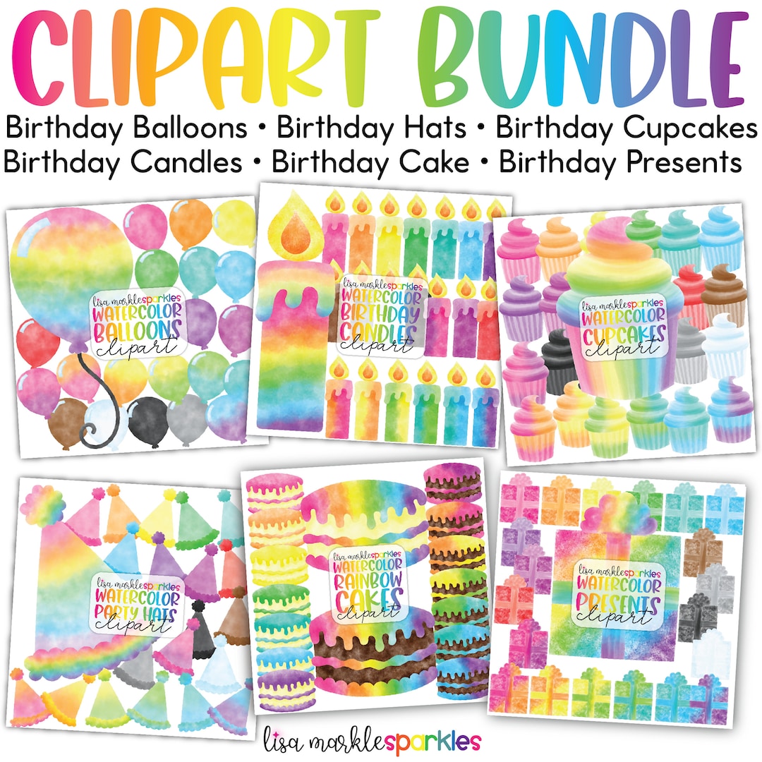 Watercolor Rainbow Birthday Clipart BUNDLE Balloon Cake Candles ...
